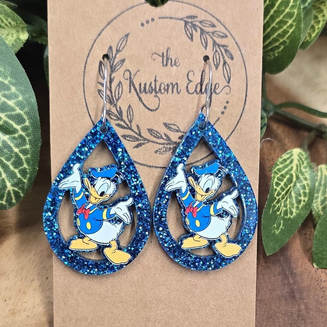 Donald Duck Dangle Earrings: Funny Duck, Blue Glitter Acrylic ...