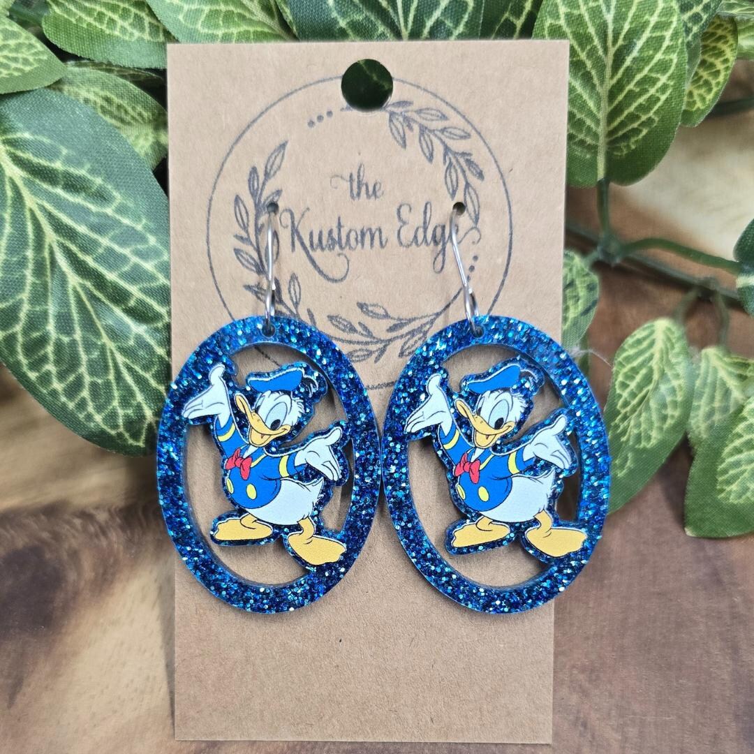 Donald Duck Dangle Oval Drop Earrings, Cute Duck, Lightweight Glitter ...