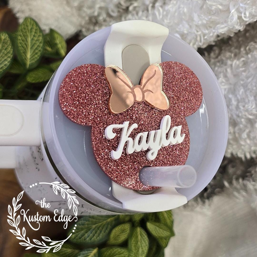 Mouse Ears Cup Topper, Pink Glitter Acrylic 30oz 40oz Stanley Cup ...