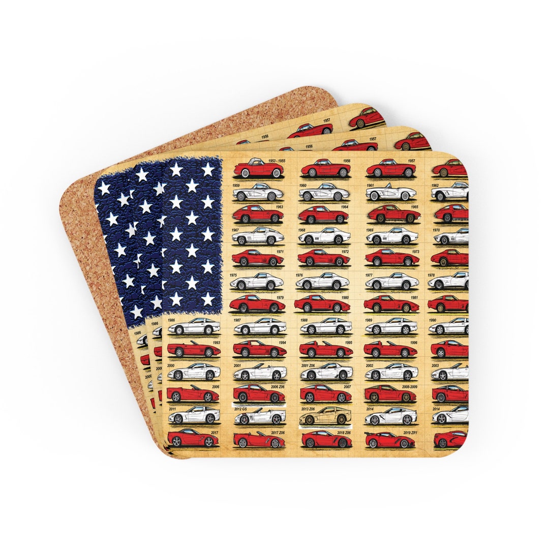 4 Corvette Lover Coasters, Corvette C1 to C8 Art Flag Coaster Set ...