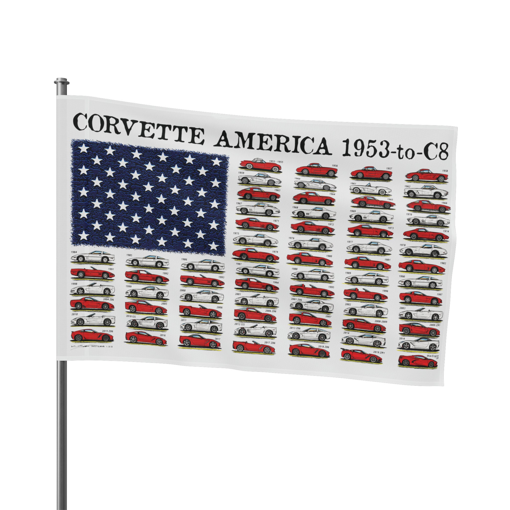 Corvette Flag With C1 to C8 Corvette Art, American Flag Corvette Banner ...
