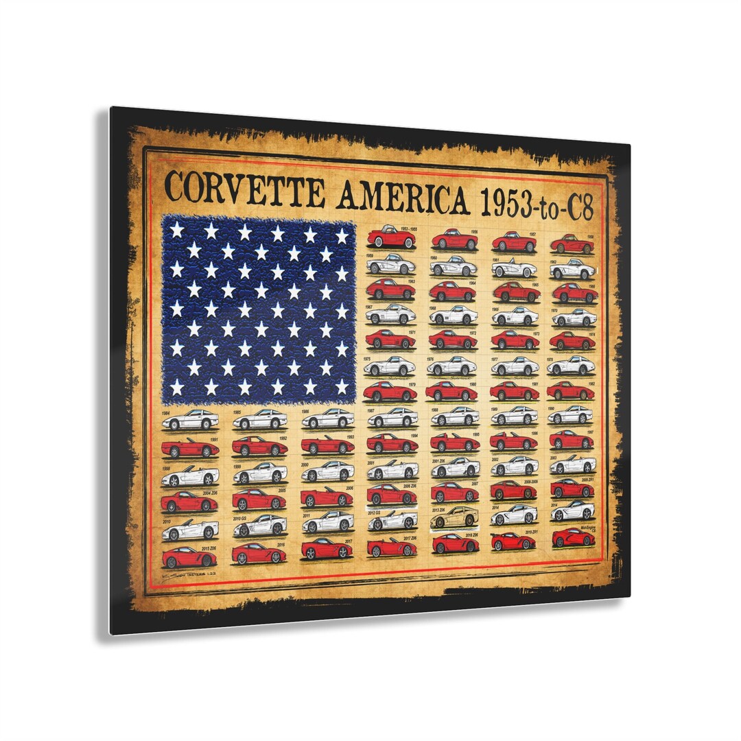 Corvette From C1 to C8 as American Flag Acrylic Wall Art, 16 X 20 ...