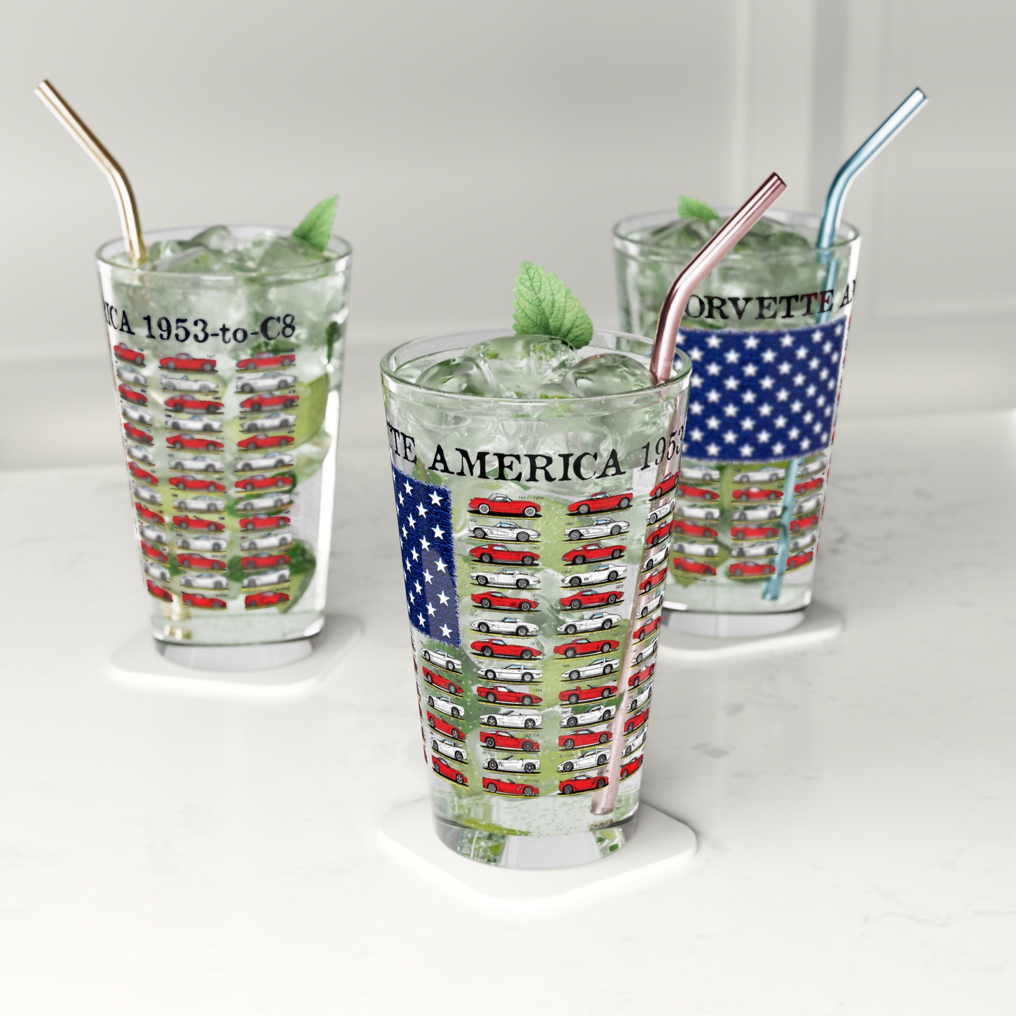 Corvette America Flag Art, C1 to C8 Pint Glass, 16oz, Corvette Lover ...