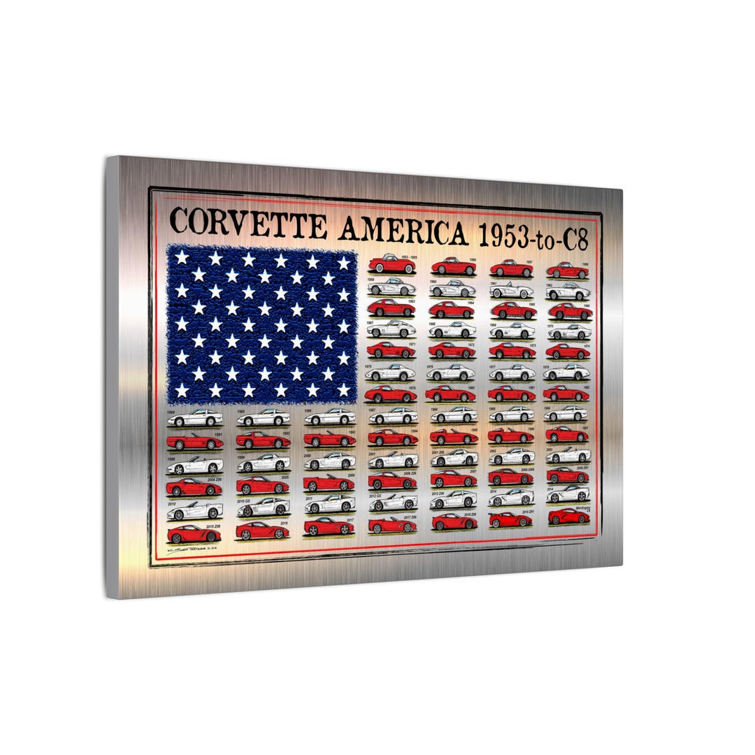 C1 to C8 Corvette Metal Look Canvas Wrap, Corvette American Flag Wall ...