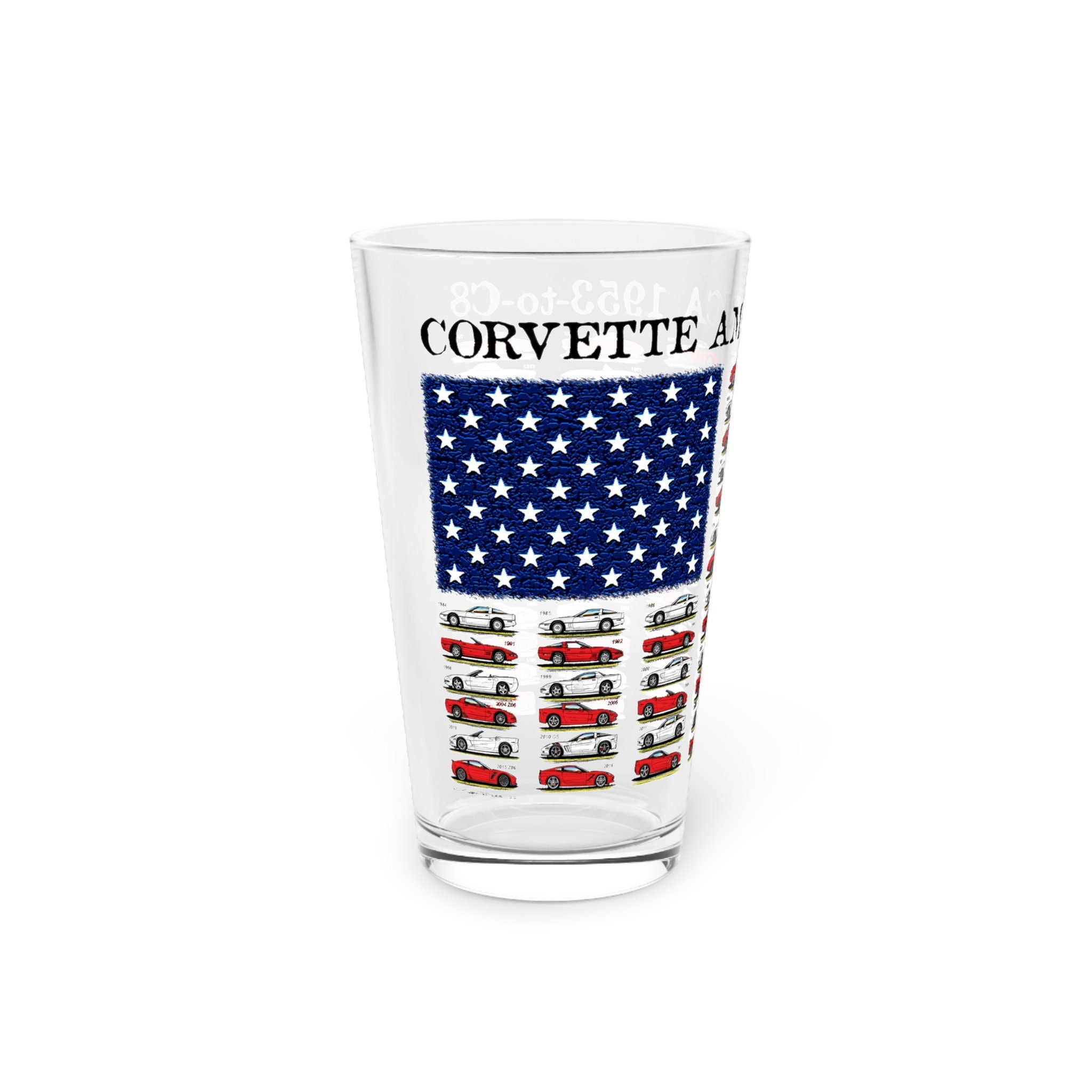 Corvette America Flag Art, C1 to C8 Pint Glass, 16oz, Corvette Lover ...