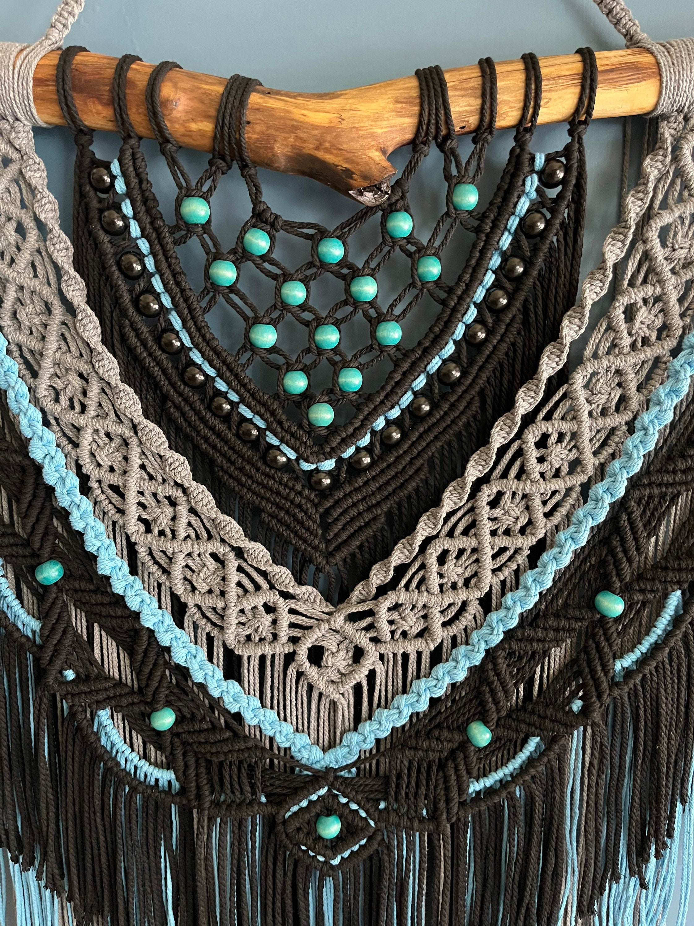 Blue and Black Macrame, Macrame With Beads, Large Macrame, Black Wall ...