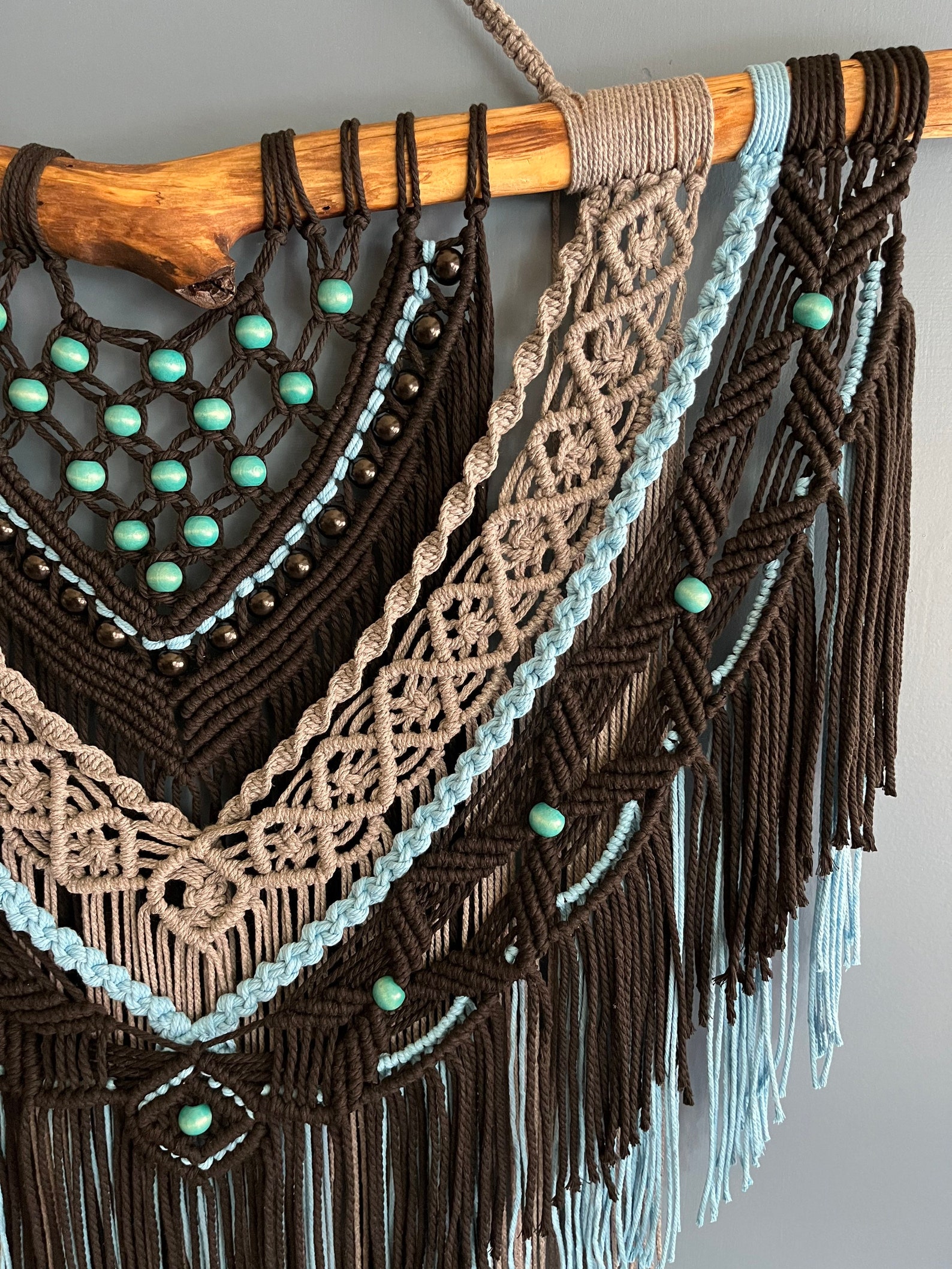 Blue and Black Macrame, Macrame With Beads, Large Macrame, Black Wall ...