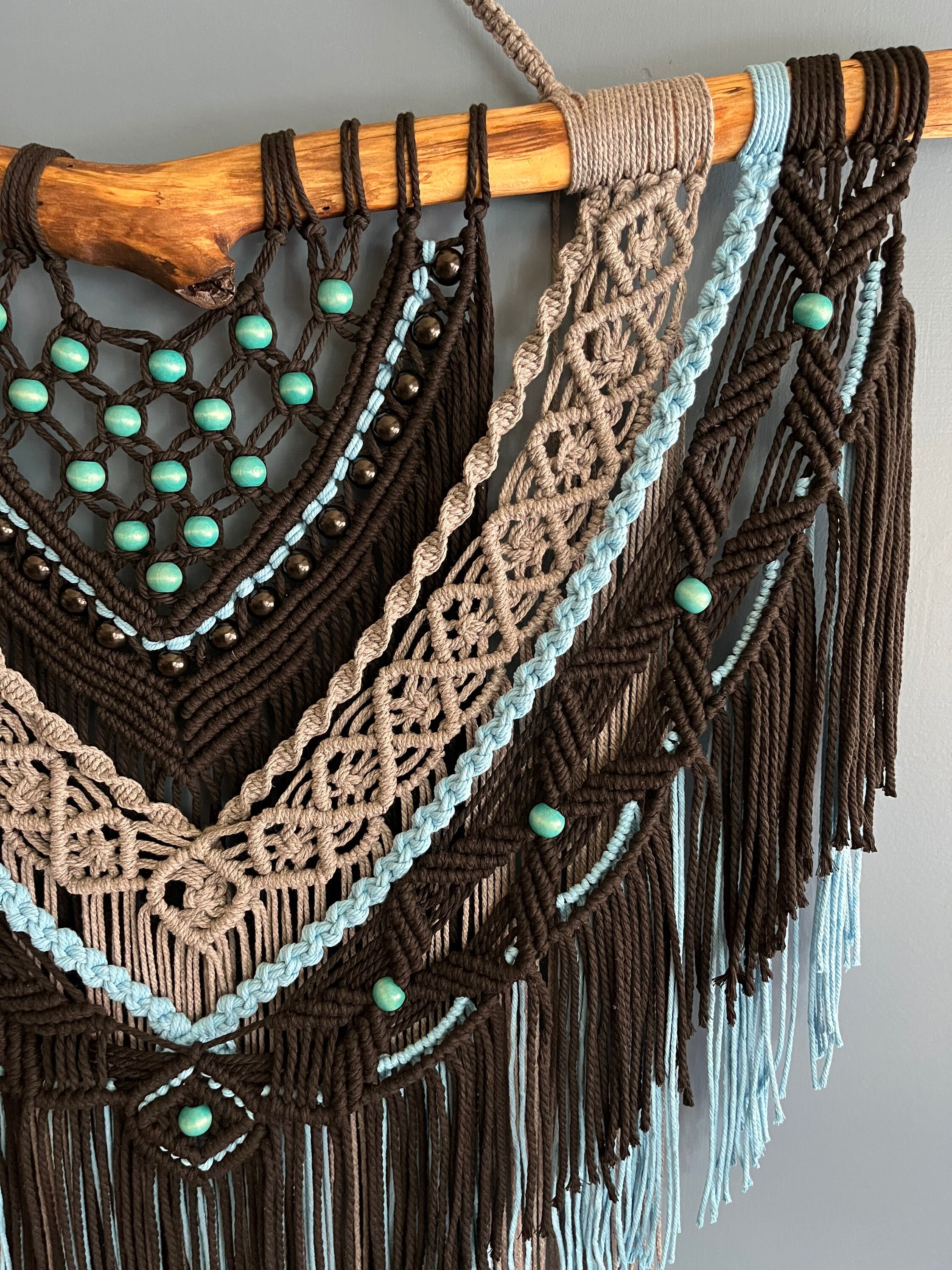 Blue and Black Macrame, Macrame With Beads, Large Macrame, Black Wall ...