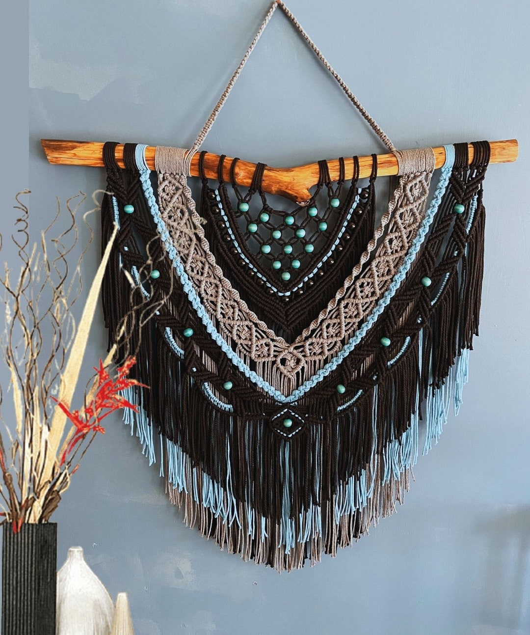 Blue and Black Macrame, Macrame With Beads, Large Macrame, Black Wall ...