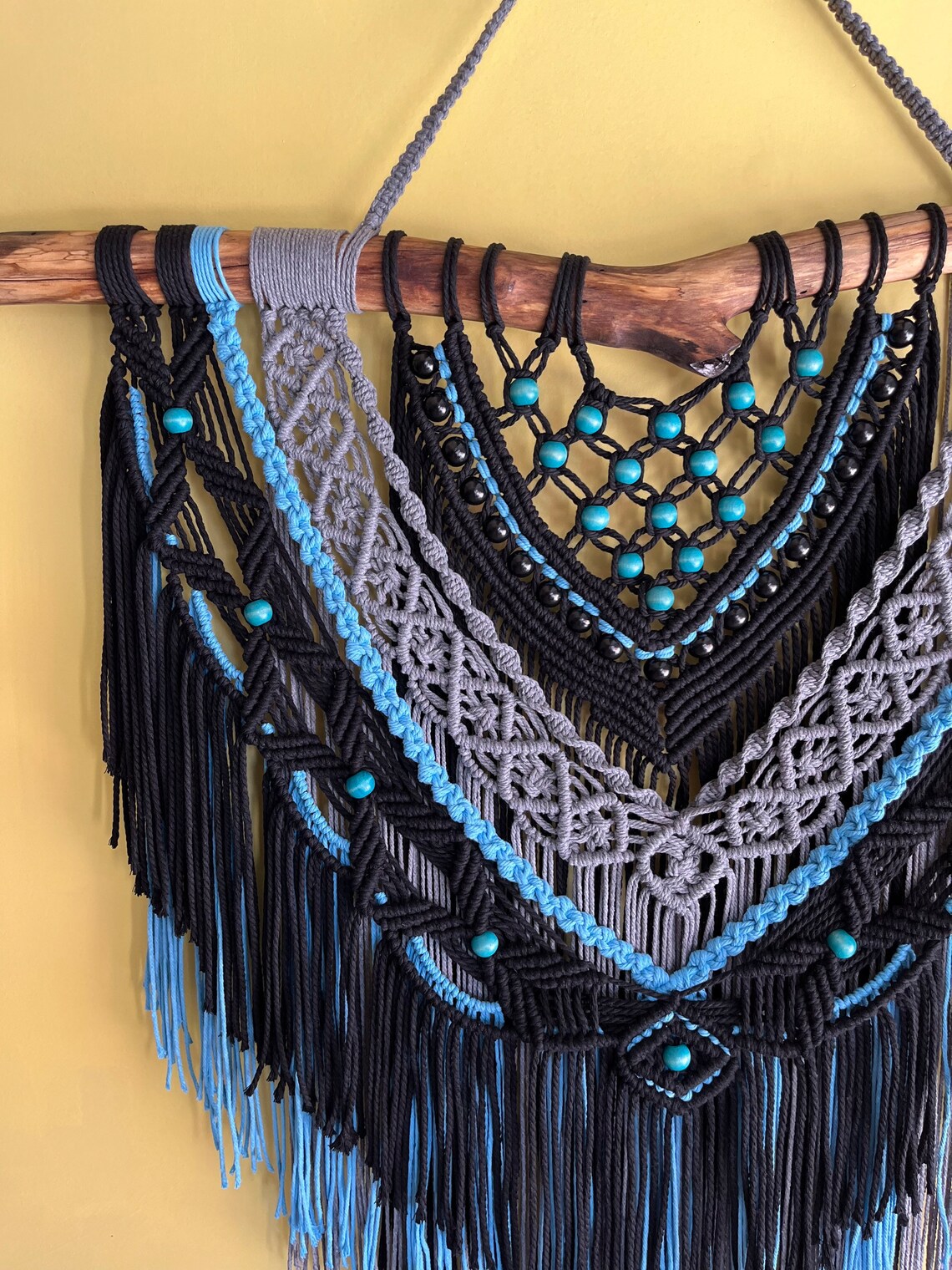 Blue and Black Macrame, Macrame With Beads, Large Macrame, Black Wall ...
