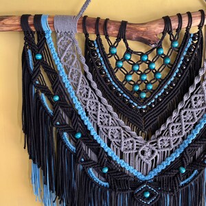 Blue and Black Macrame, Macrame With Beads, Large Macrame, Black Wall ...