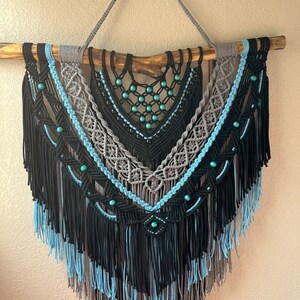 Blue and Black Macrame, Macrame With Beads, Large Macrame, Black Wall ...