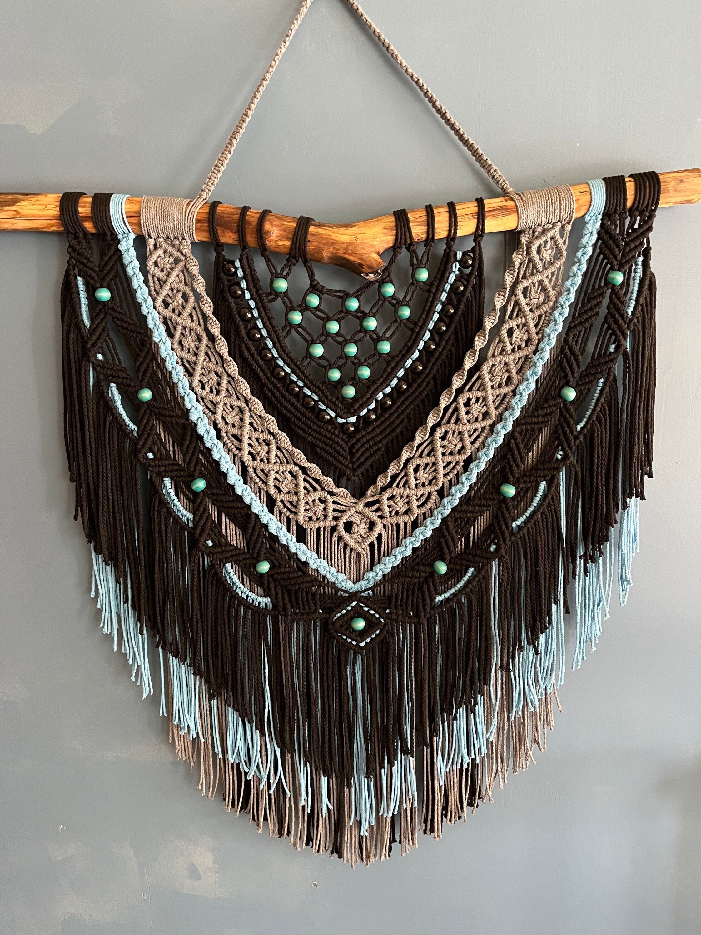 Blue and Black Macrame, Macrame With Beads, Large Macrame, Black Wall ...