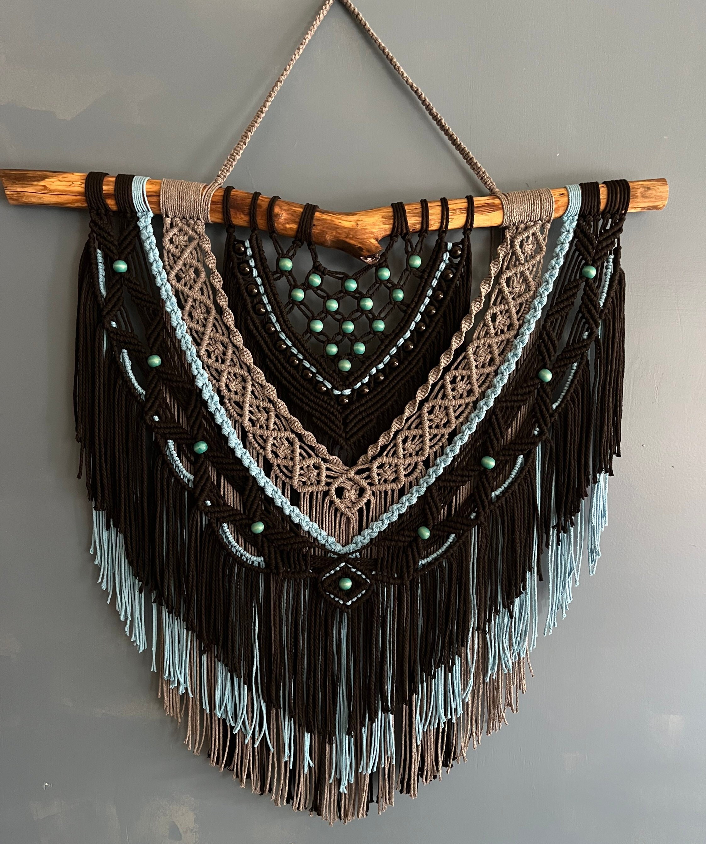 Blue and Black Macrame, Macrame With Beads, Large Macrame, Black Wall ...