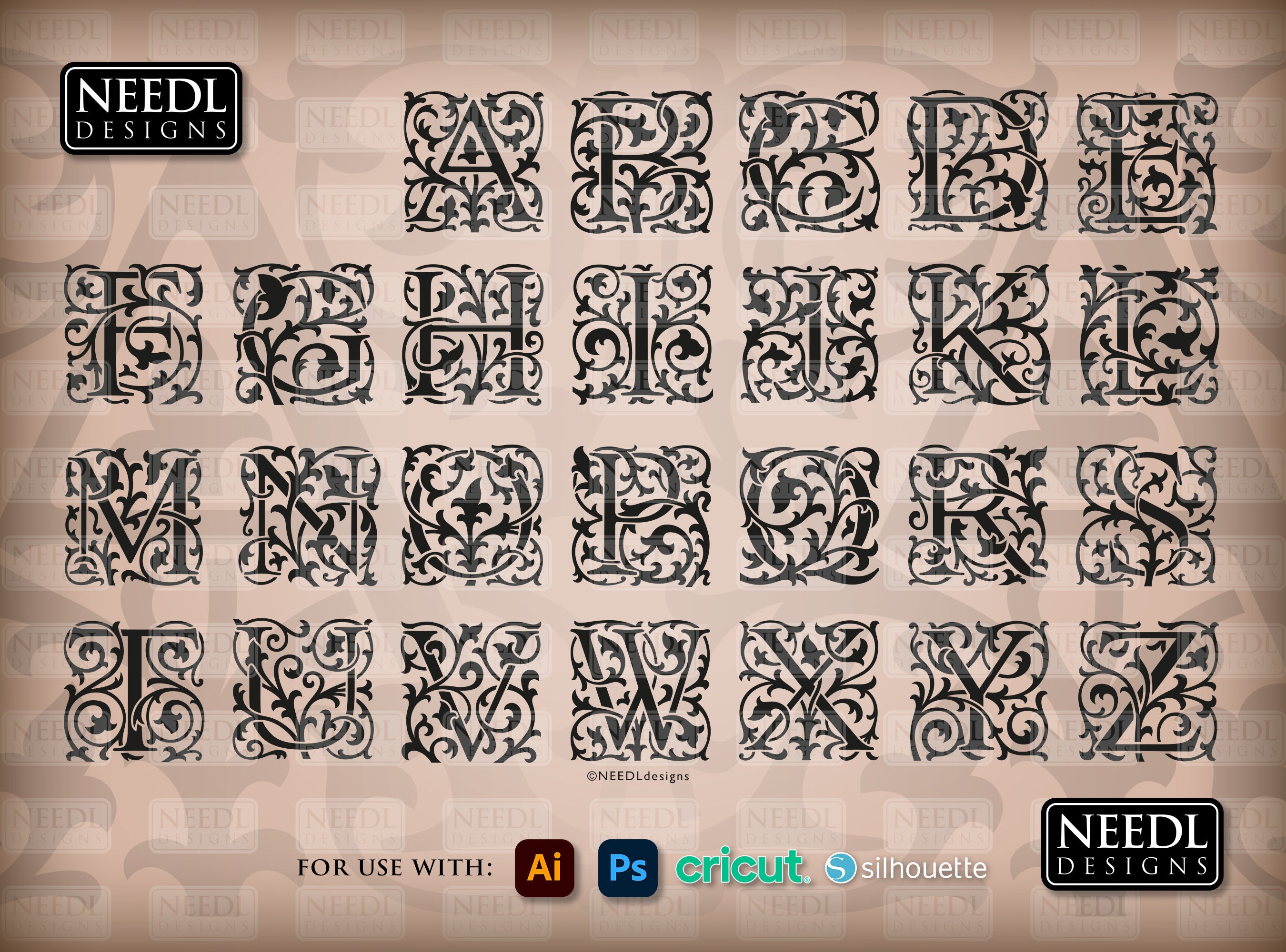 William Morris Style Alphabet Cut Files | Monogram Initial Cricut ...