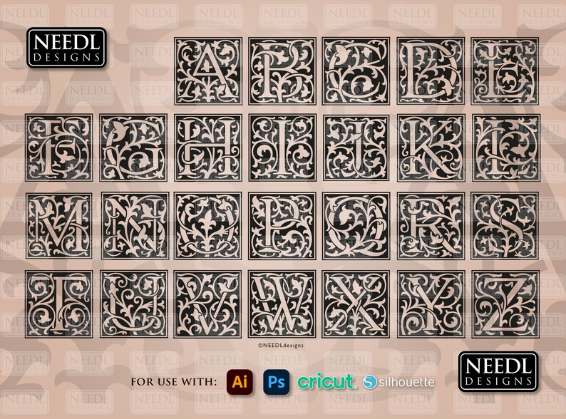 William Morris Style Alphabet Cut Files Monogram Initial Cricut ...