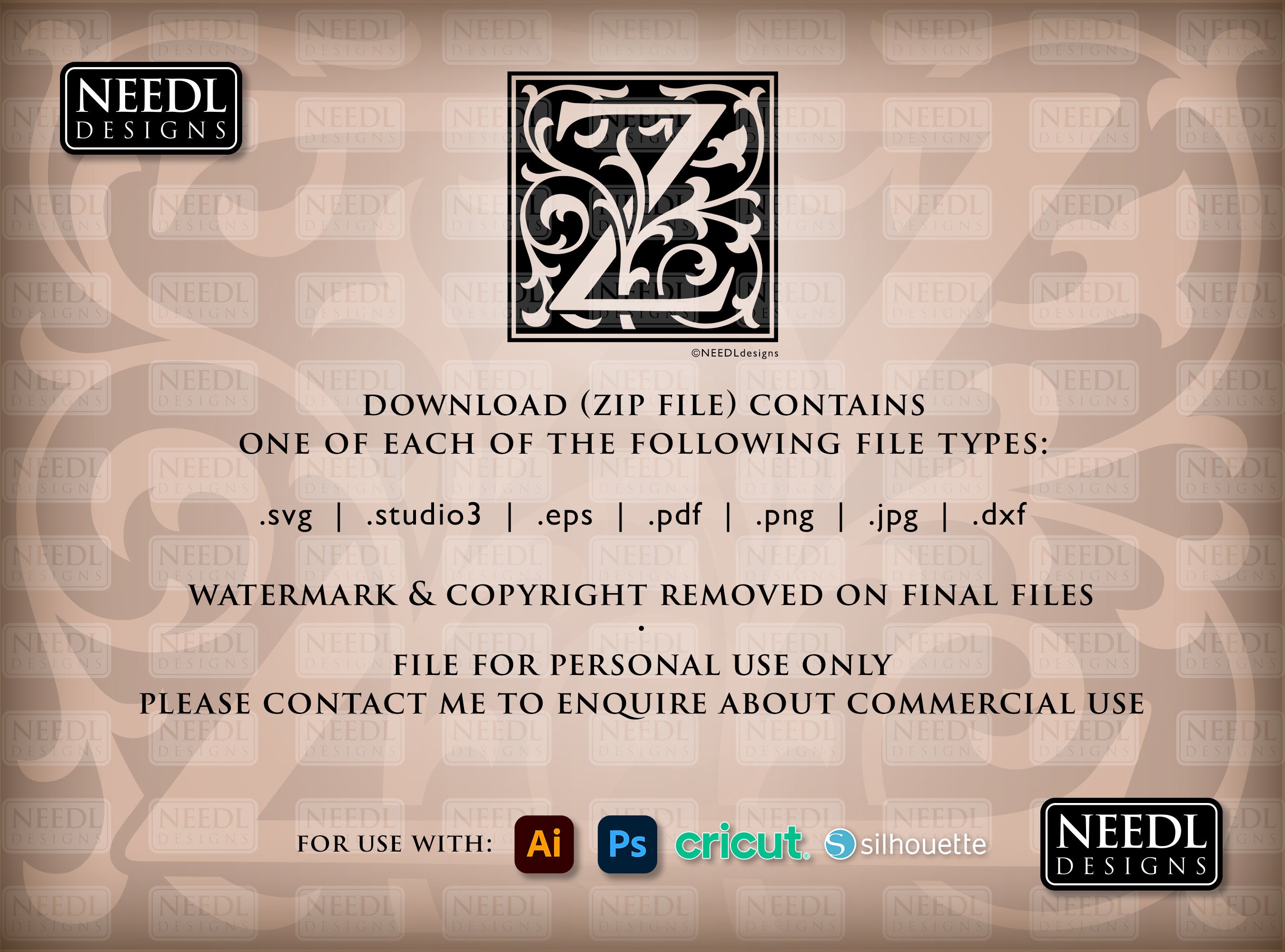 William Morris Style Letter Z Cut File Monogram Initial - Etsy