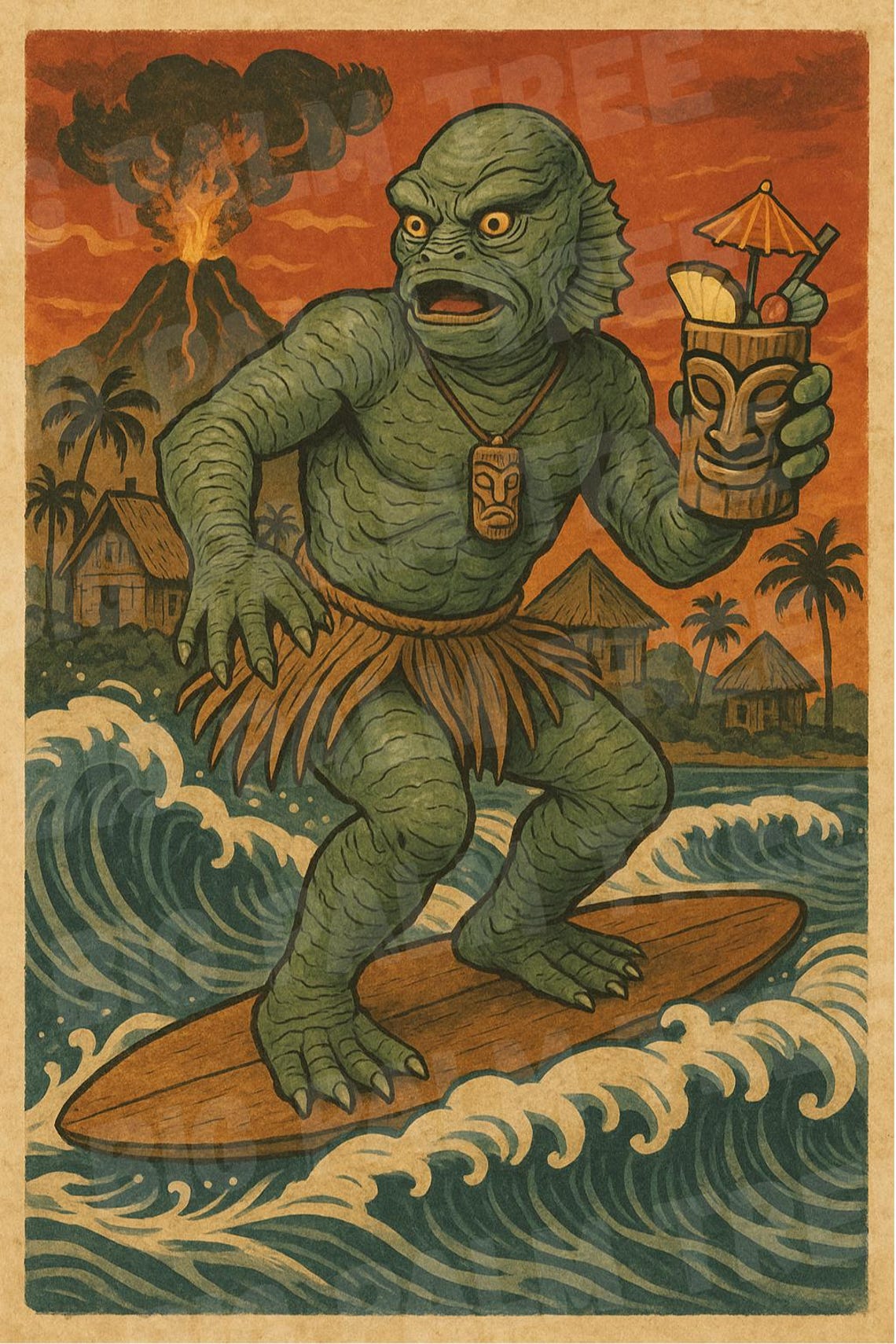 Surfin' Creature With Tiki Mug Print - No Frame - From the 'monster ...