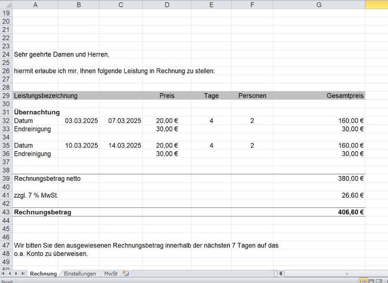Invoice Template – Excel A4 Template for Airbnb & Room Rentals or ...