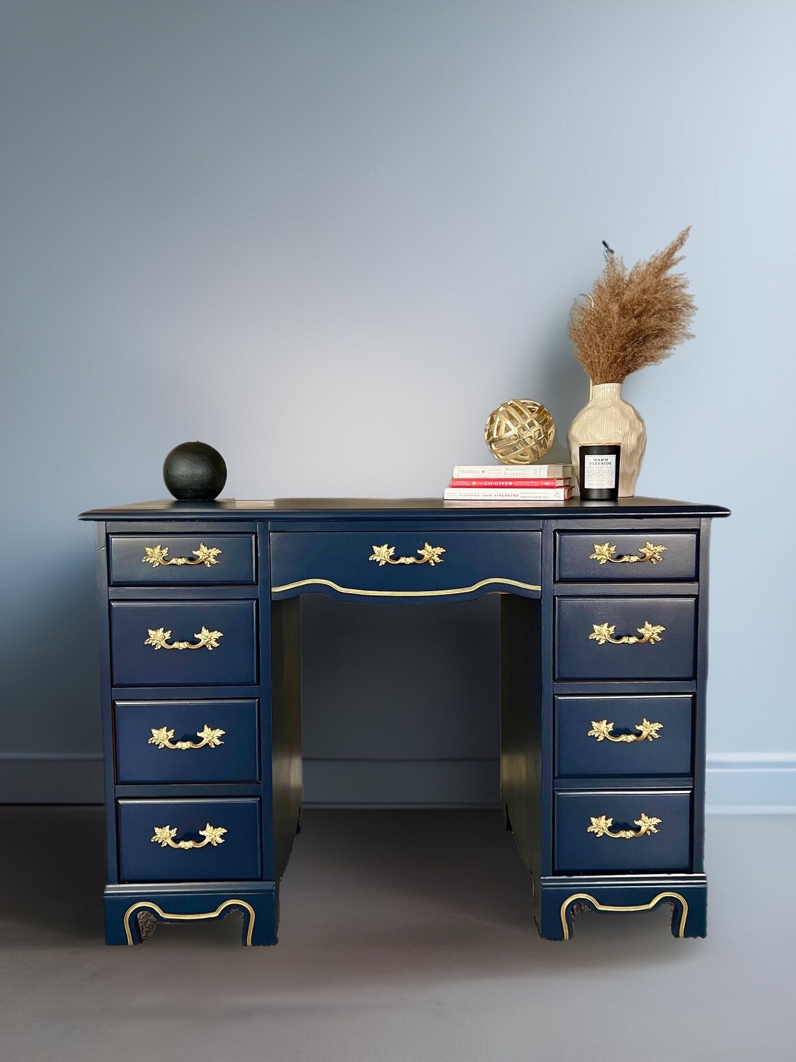 Refurbished Executive Desk L Office Desk L Navy Blue/gold Hardware L 8 ...