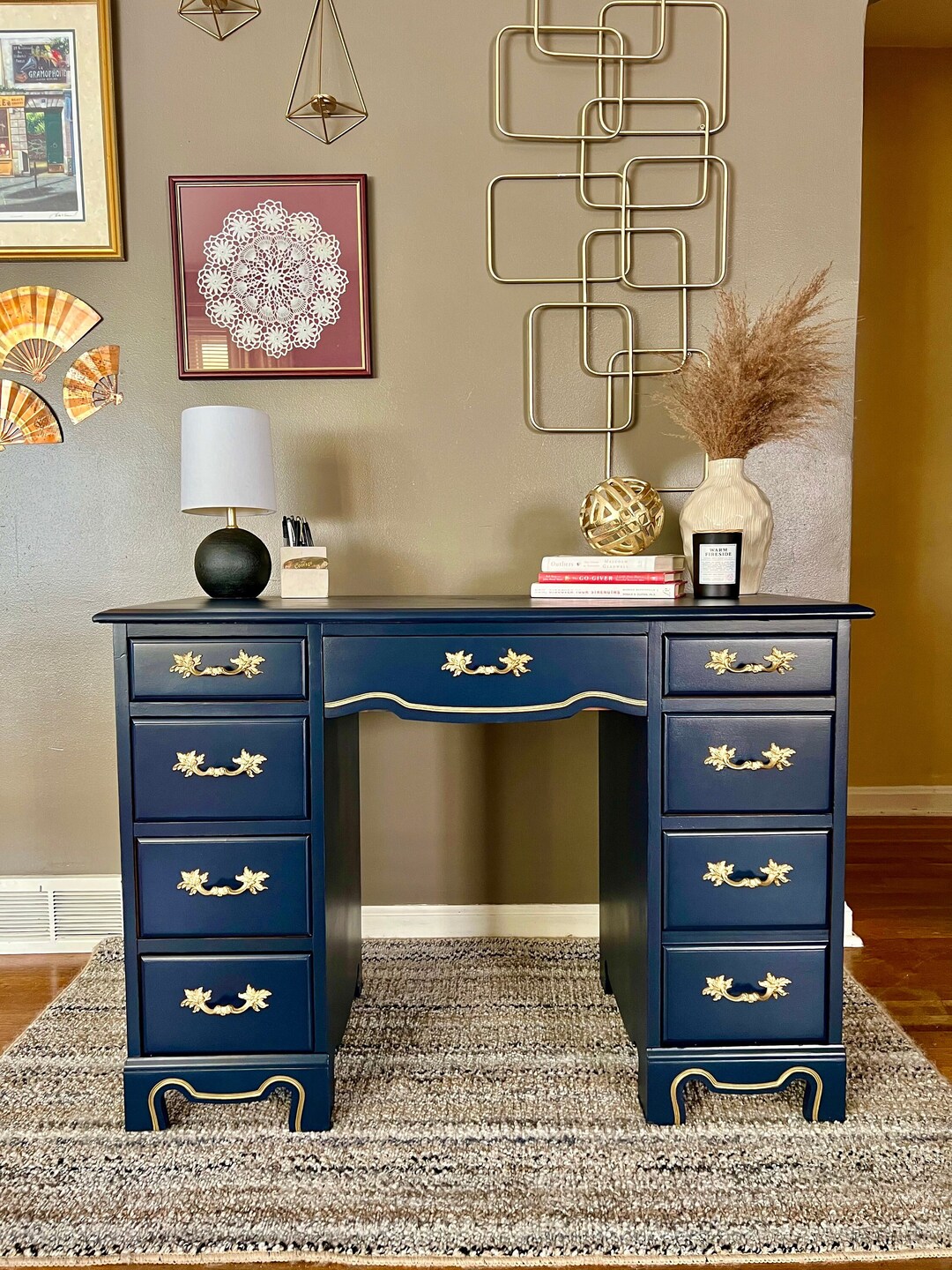 Refurbished Executive Desk L Office Desk L Navy Blue/gold Hardware L 8 ...