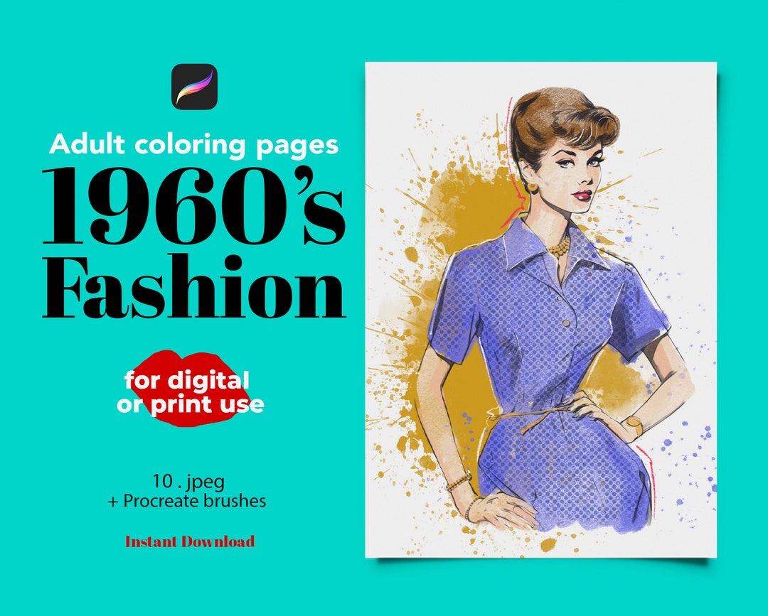 1960s Fashion Coloring Page: Adult Coloring Book (JPEG + Procreate ...