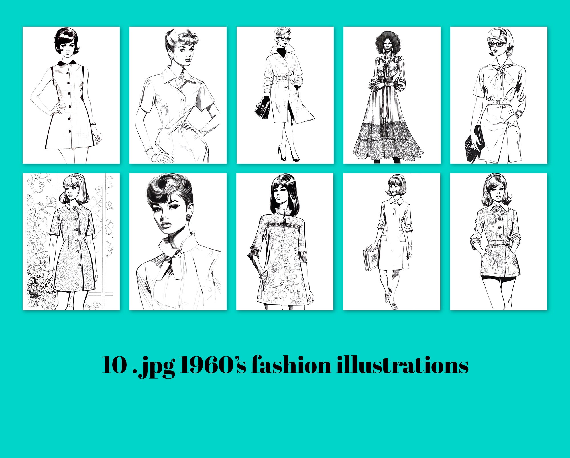 1960s Fashion Coloring Page: Adult Coloring Book (JPEG + Procreate ...