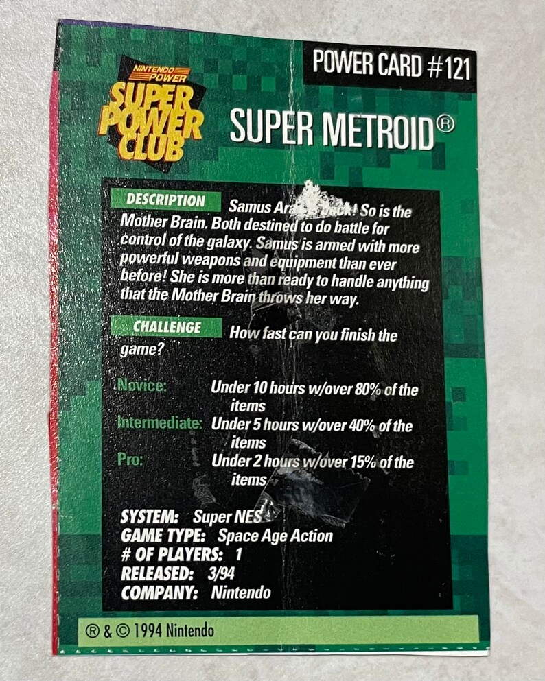 Nintendo Power Super Power Club Super Metroid Card - Etsy