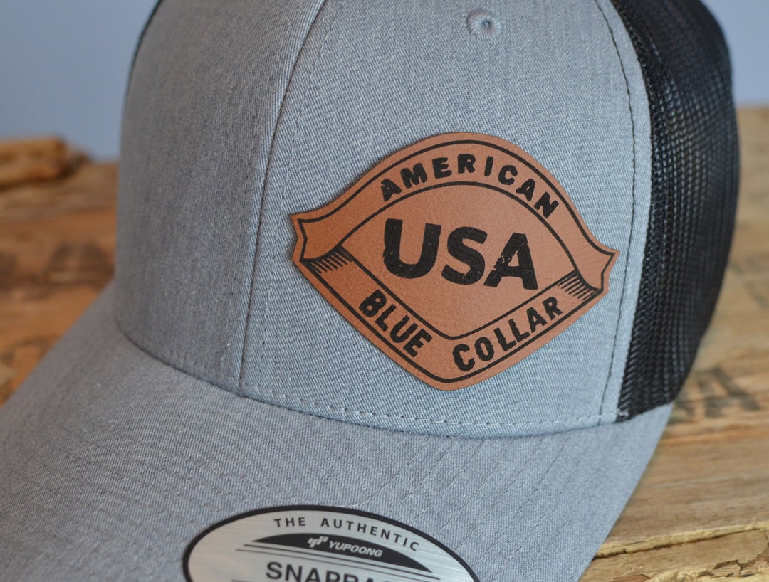 USA American Blue Collar Worker Leather Patch Hat / Leather Trucker ...
