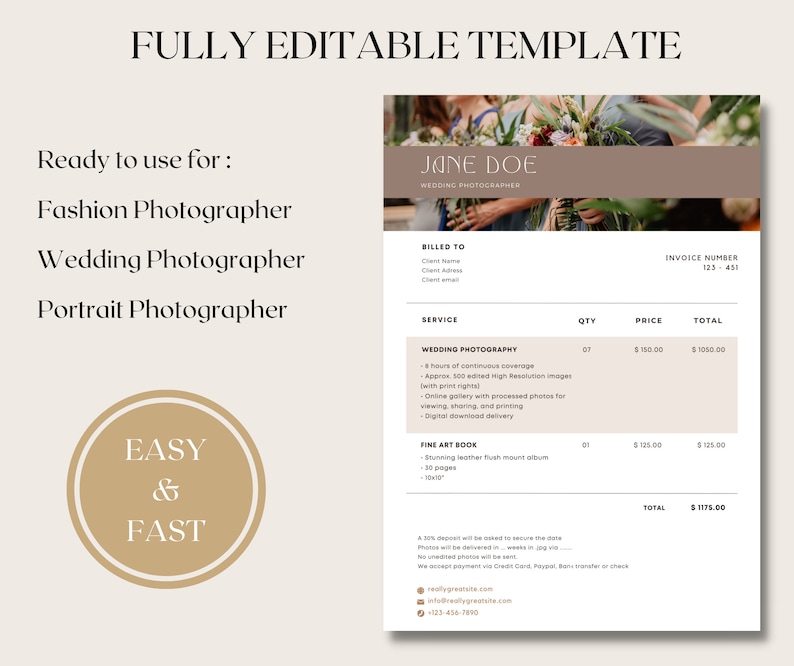 INVOICE TEMPLATES for PHOTOGRAPHERS, Fashion Photographer, Wedding ...