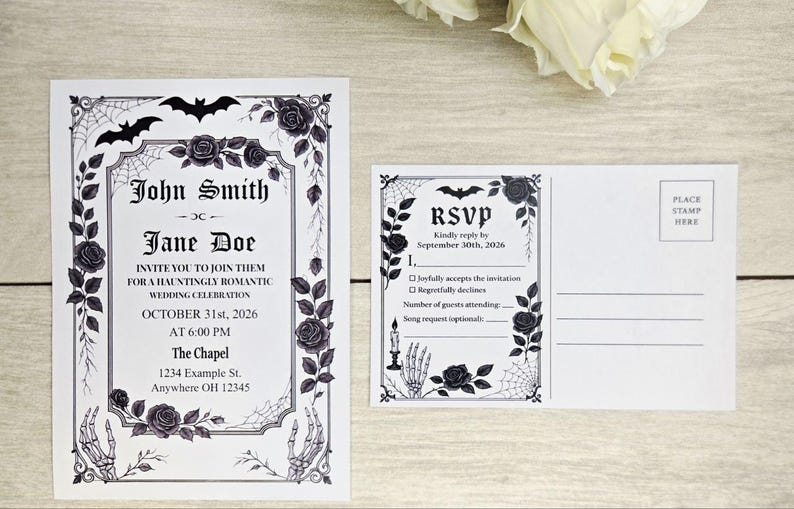 Gothic Bat Wedding Invitation + RSVP | Halloween Stationery | Spooky ...