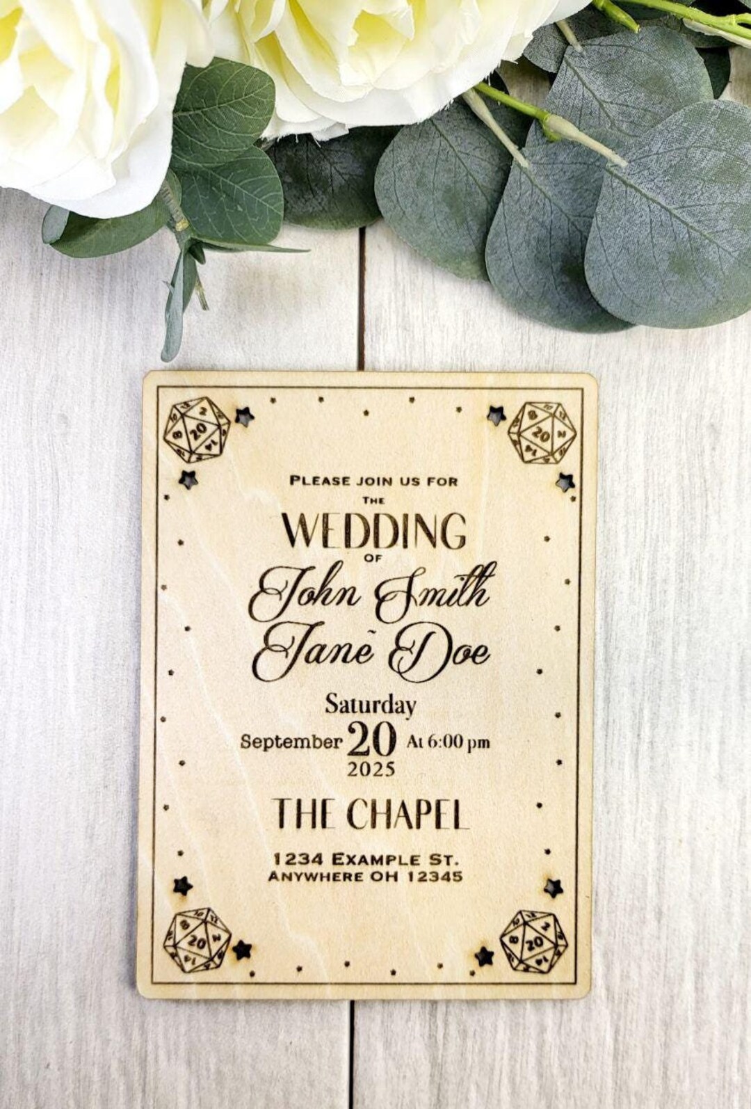 D20 Wooden Wedding Invitation • Rustic Fantasy Invite With Star Cutouts ...