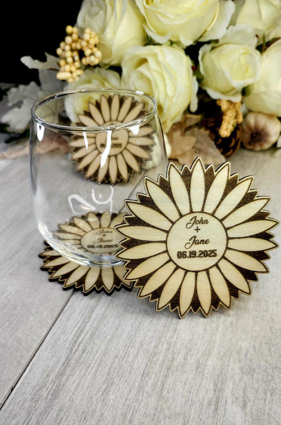 Sunflower Wedding Favor Coaster – Rustic Guest Gift, Personalized Wood ...