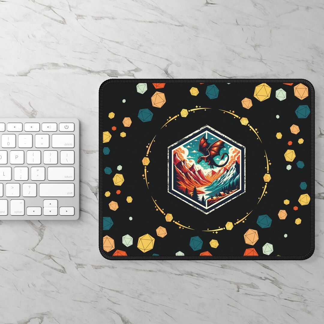 Dnd Gaming Mousepad, Flying Dragon Art Deco Design, Mountain Landscape ...