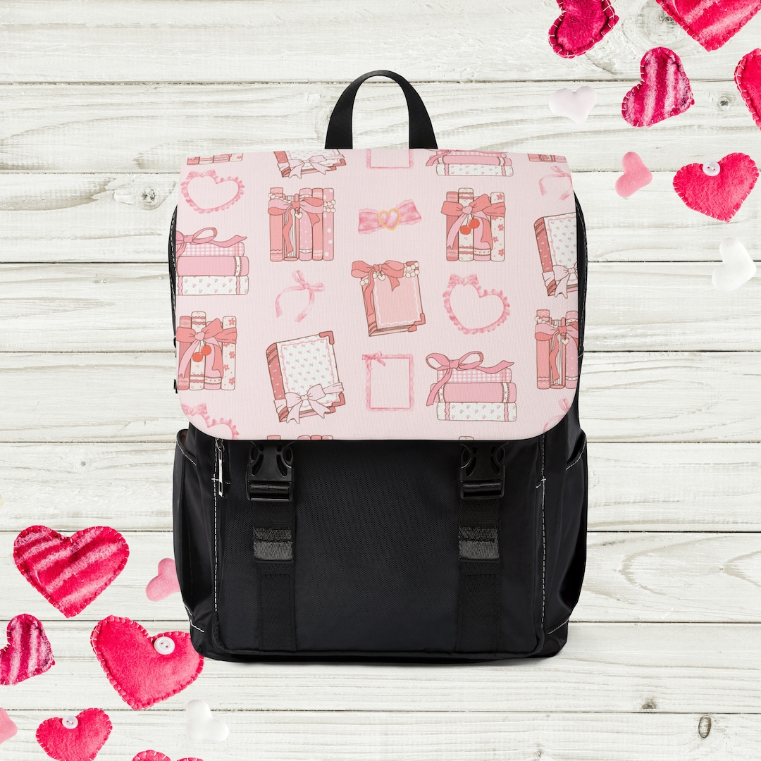 Pastel Pink Coquette Backpack: Books, Plants, Frames, Hearts - Unique ...