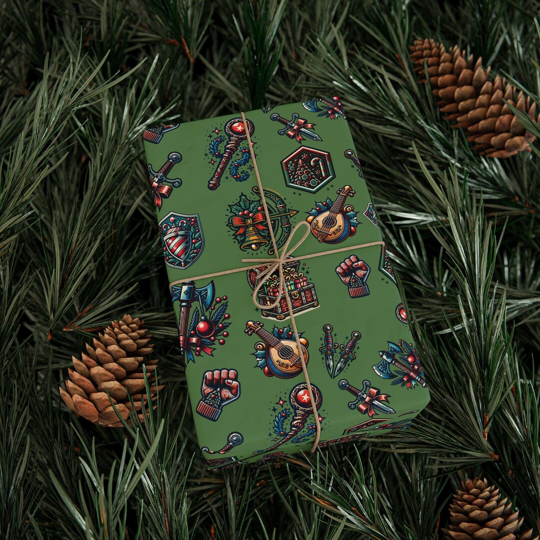 Dnd Wrapping Papers, Battle Axe Bow Sword Staff Shield D20 Dice ...