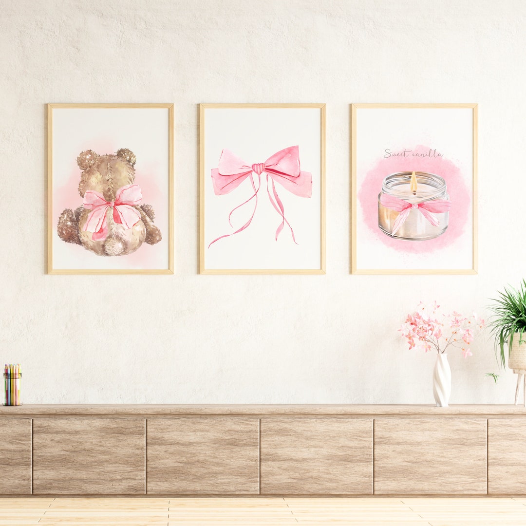 Pink Bow Wall Art Set of 3, Coquette Room Decor, Girly Wall Art ...
