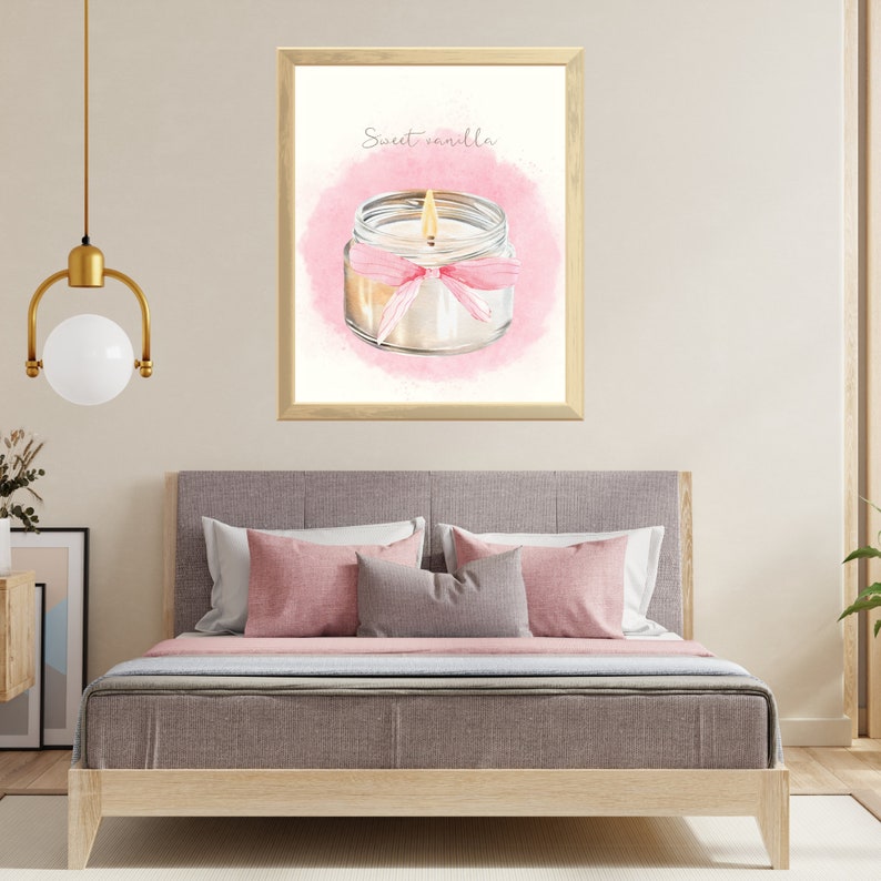 Watercolor Pink Bow Candle Wall Art, Coquette Room Decor, Vintage Print ...