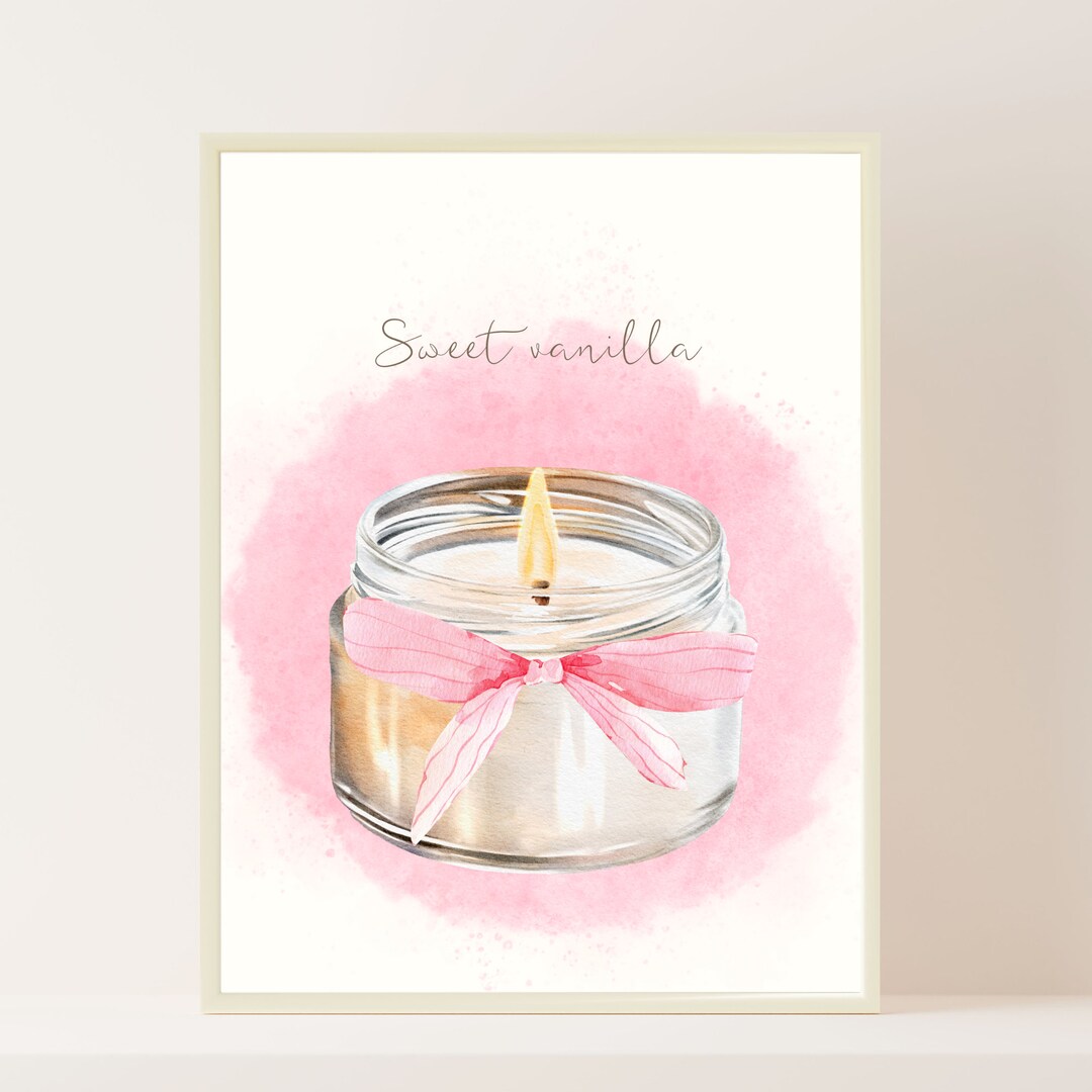 Watercolor Pink Bow Candle Wall Art, Coquette Room Decor, Vintage Print ...