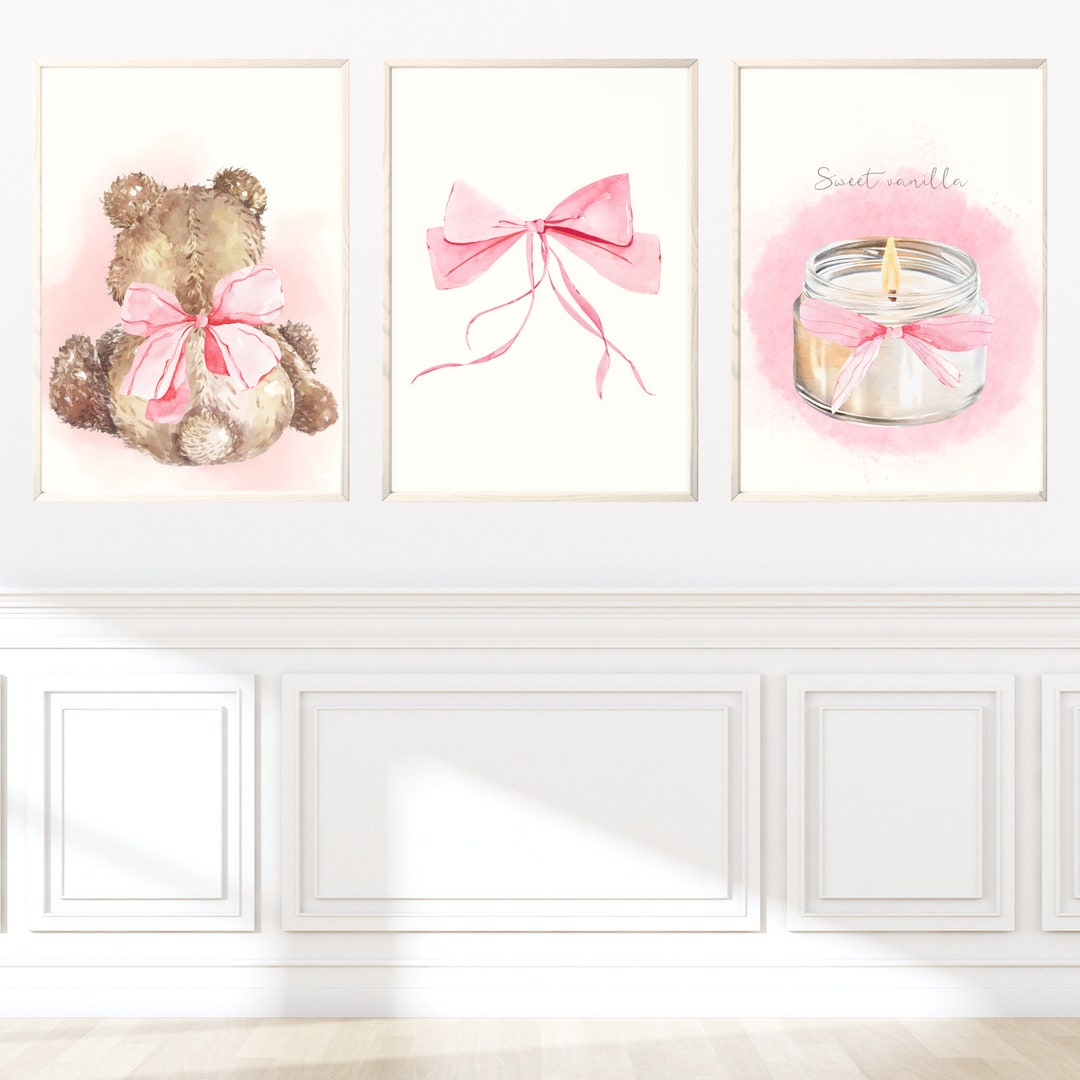 Pink Bow Wall Art Set of 3, Coquette Room Decor, Girly Wall Art ...