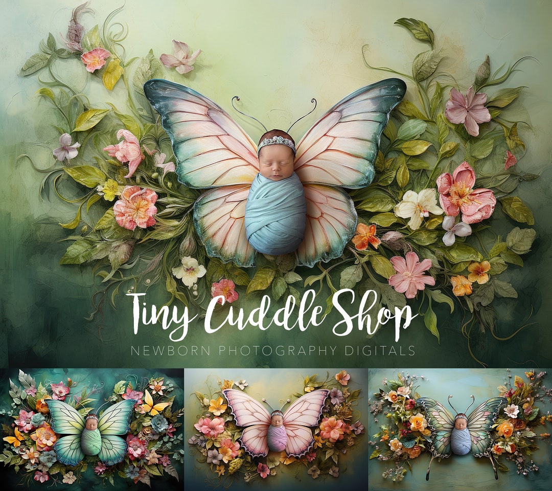 Butterfly Newborn Digital Backdrop: Rainbow Floral Wings - AI Created ...