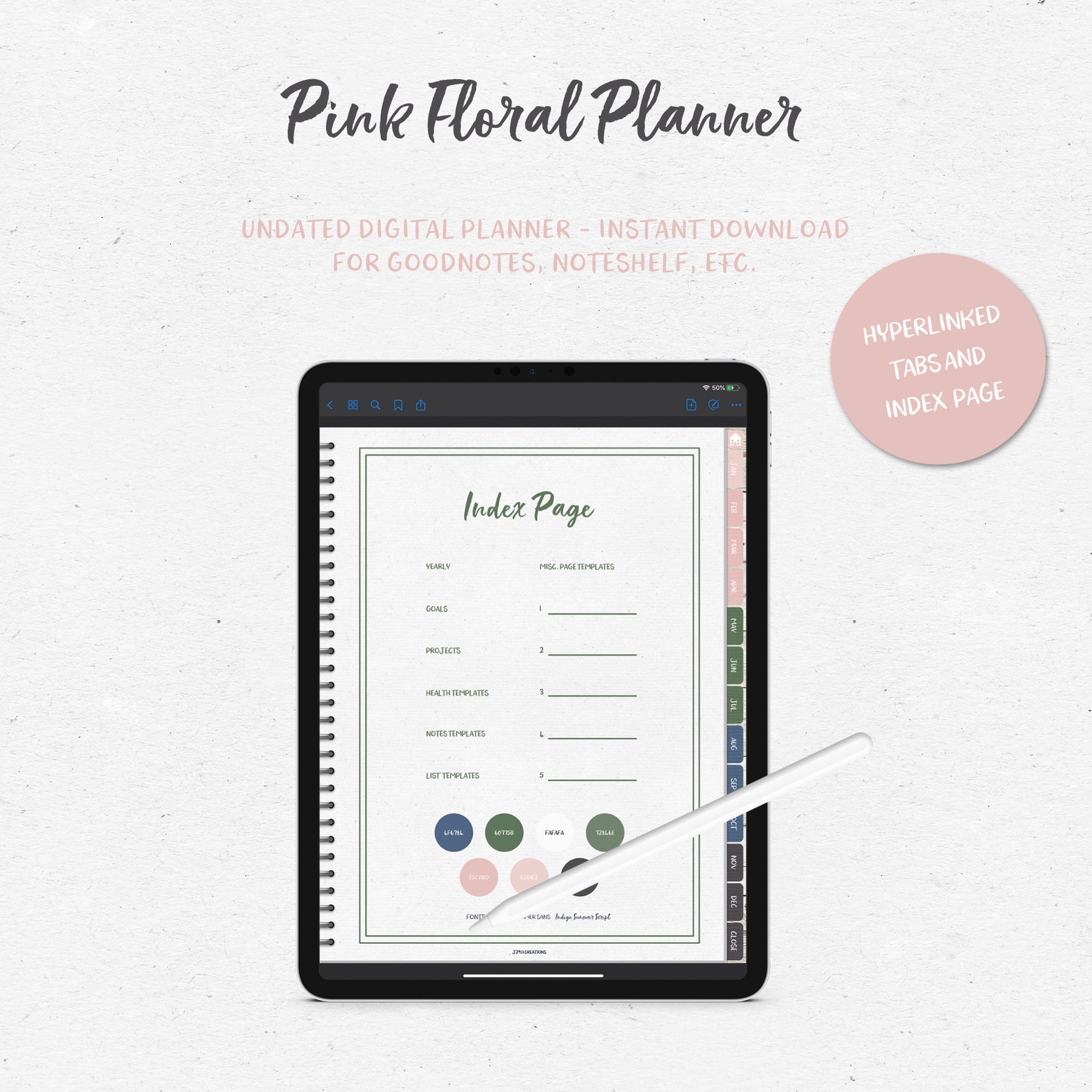 Digital Planner, Floral Digital Planner, iPad Planner, Hyperlinked ...