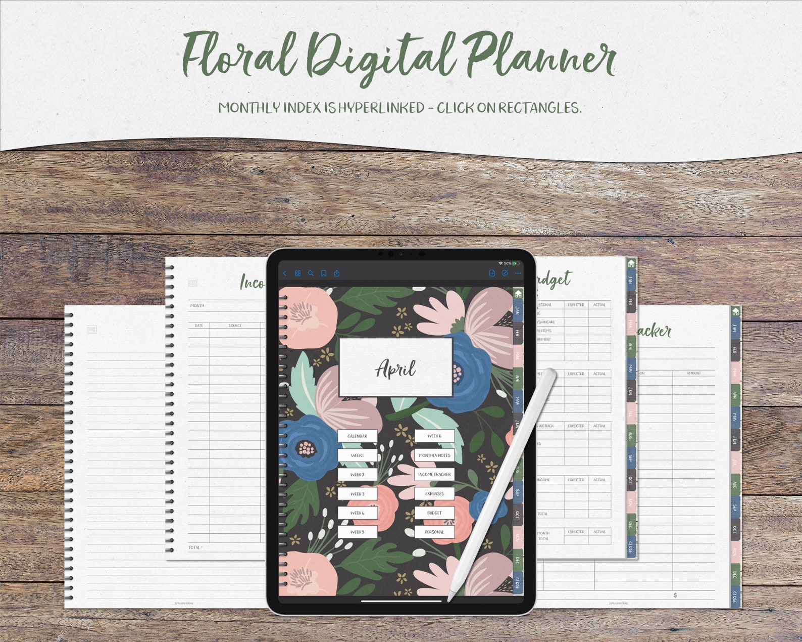 Digital Planner, Floral Digital Planner, iPad Planner, Hyperlinked ...