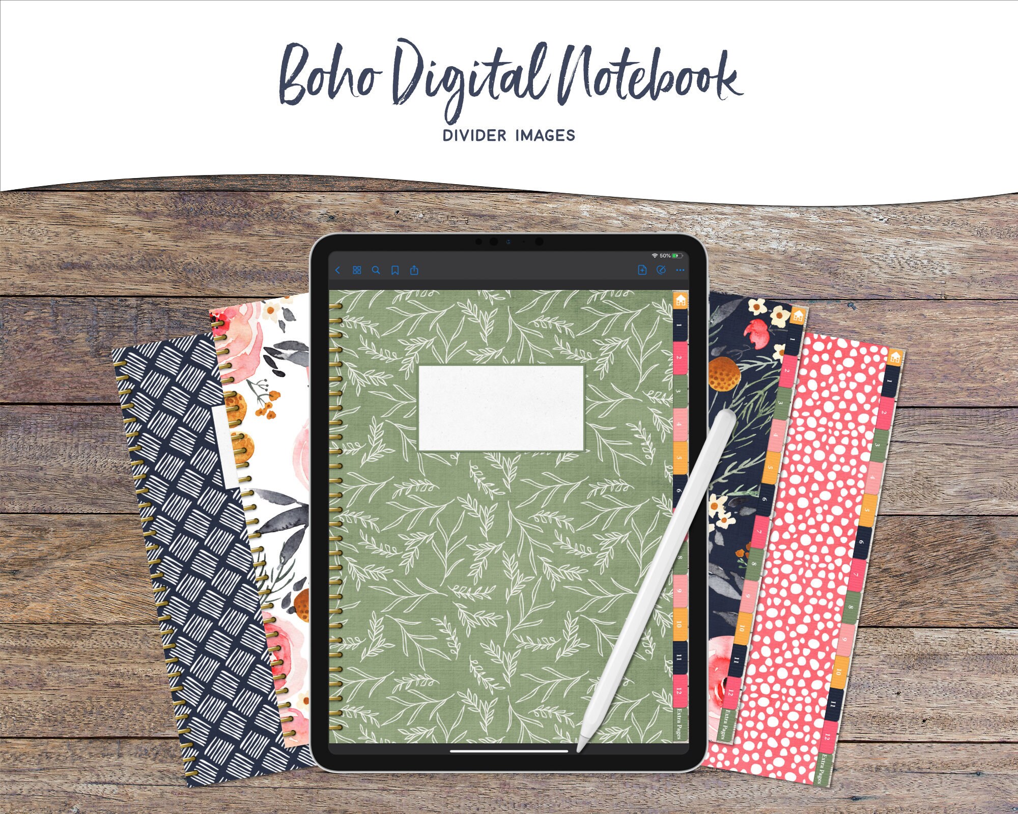 Boho Digital Notebook, 12 Subject Digital Notebook, Goodnotes Notebook ...