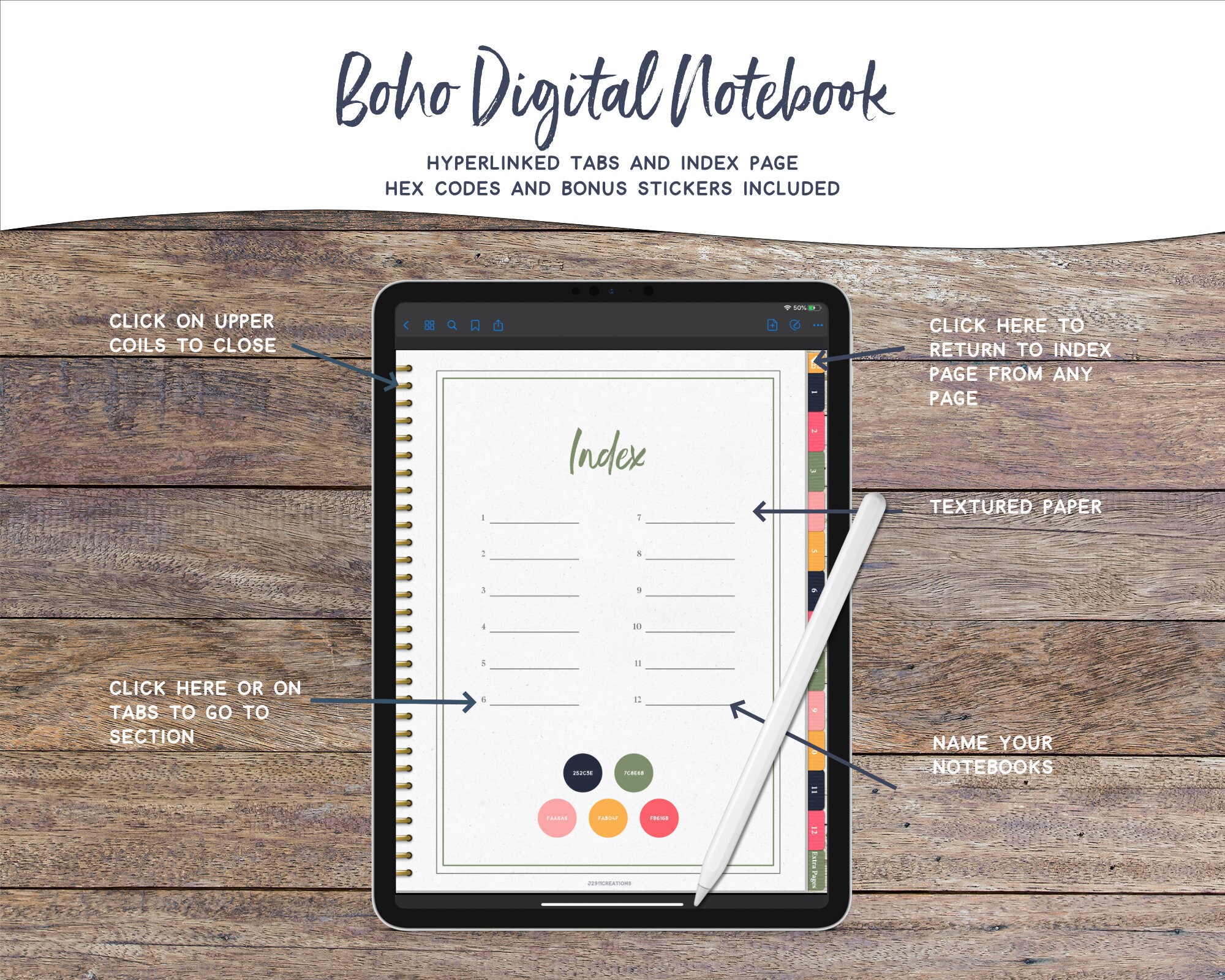 Boho Digital Notebook, 12 Subject Digital Notebook, Goodnotes Notebook ...