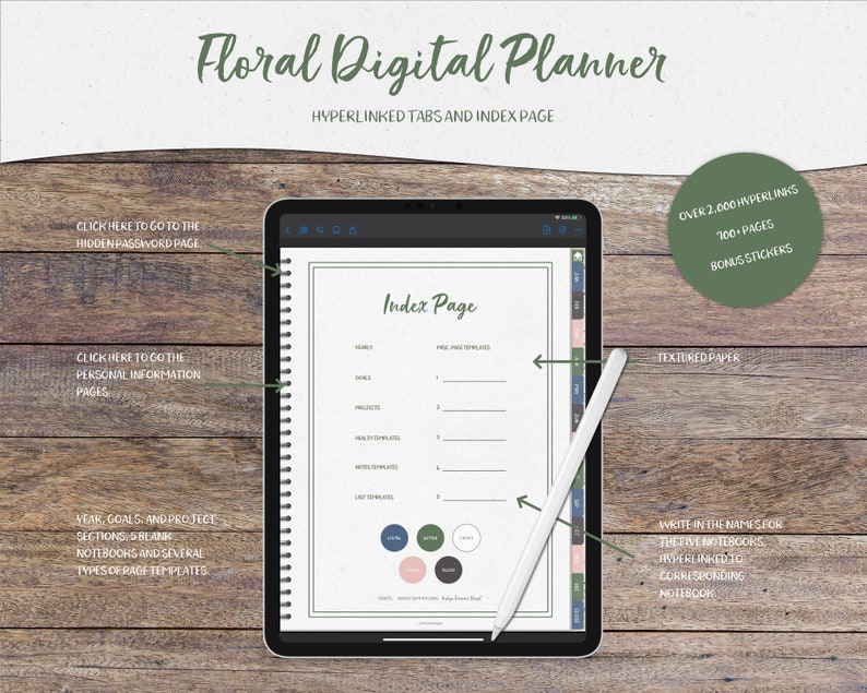 Digital Planner, Floral Digital Planner, iPad Planner, Hyperlinked ...