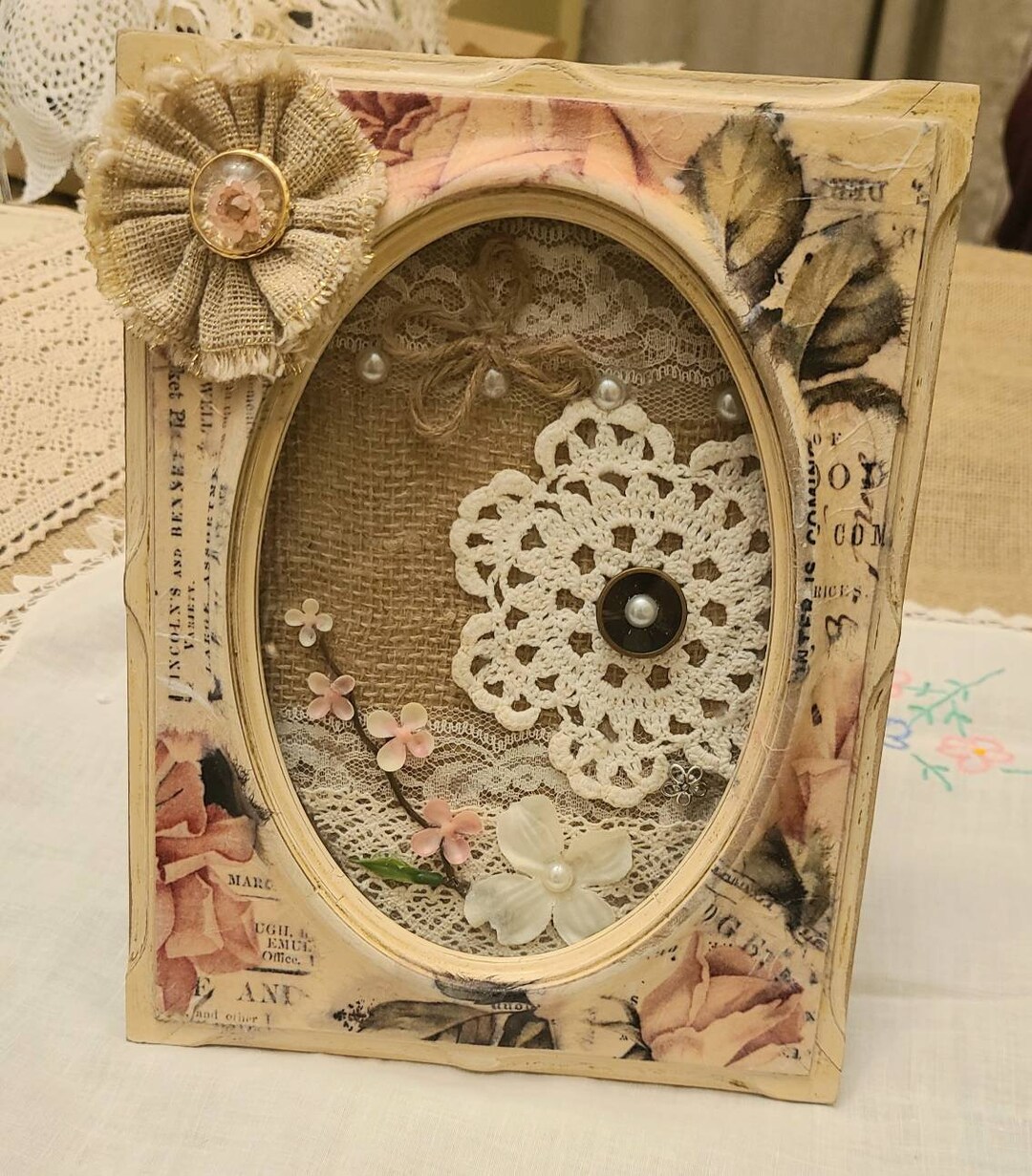 Shappy Chic Unique Style Frame W Lace Pink Flowers Burlap - Etsy