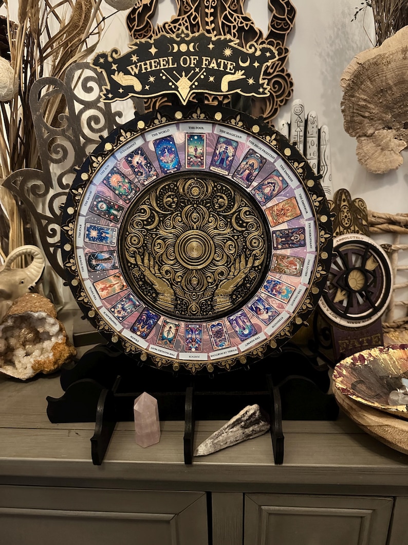Wheel of Fate Spinning Tarot Divination Tool - Engraved Wood With Gold ...
