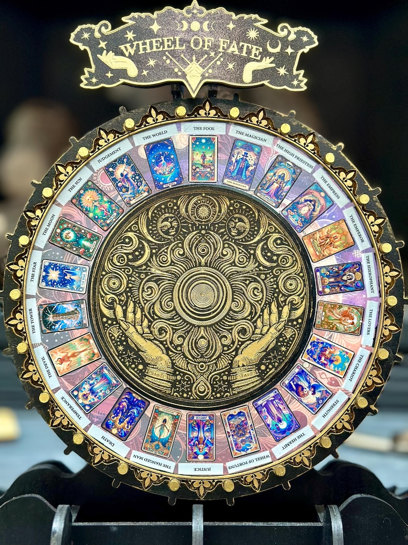 Wheel of Fate Spinning Tarot Divination Tool - Engraved Wood With Gold ...