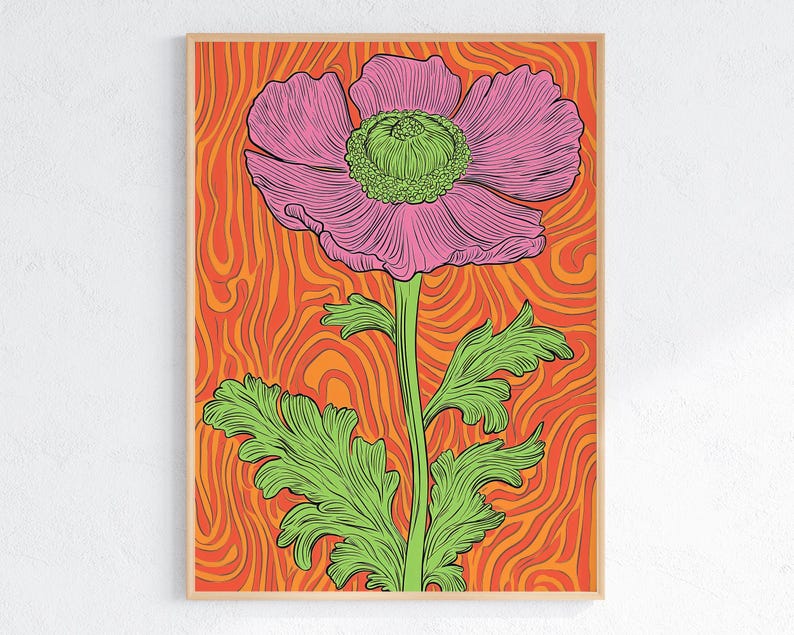 Psychedelic Flower Wall Art: Retro 70s Botanical Print (digital ...